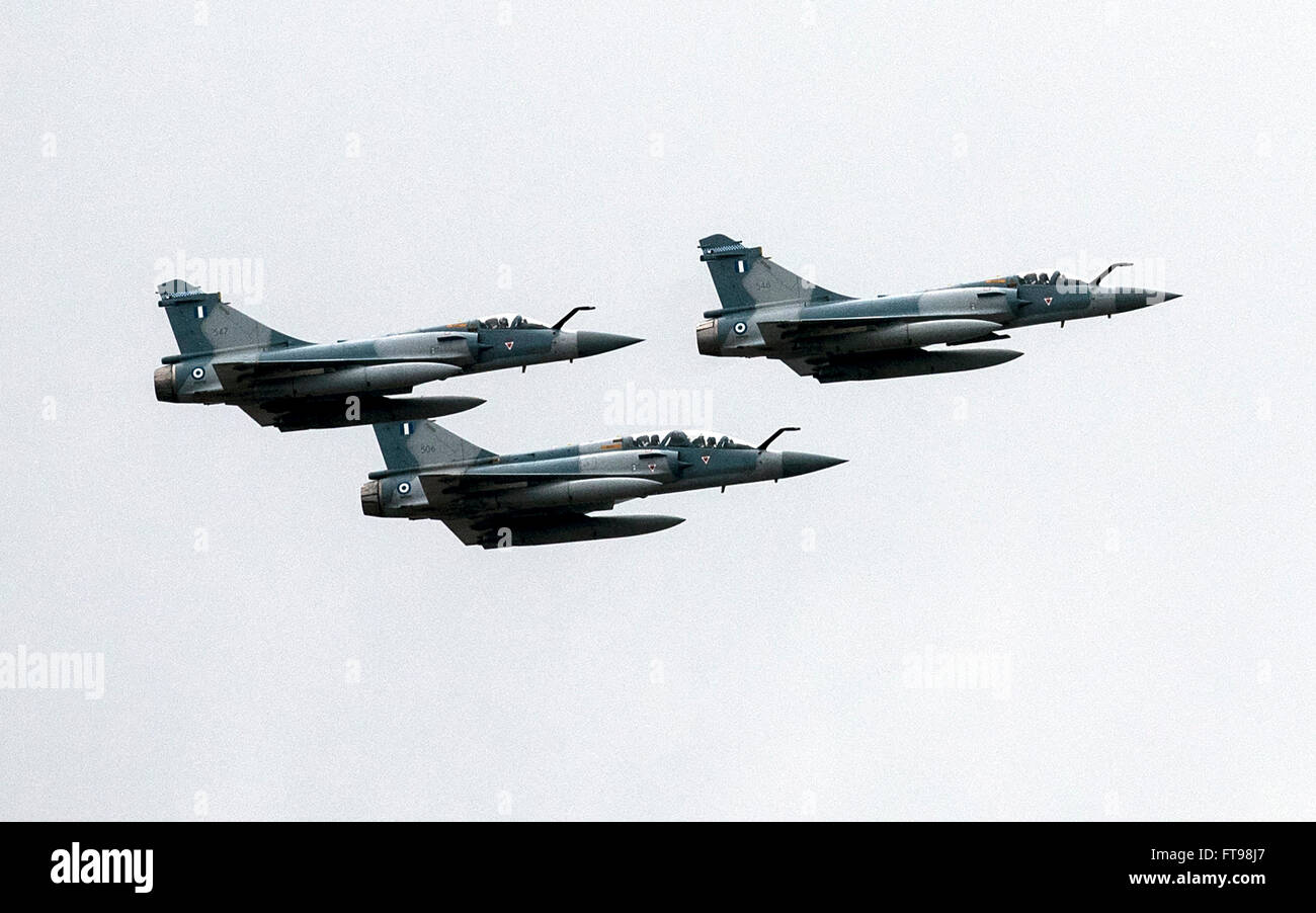 Athens, Greece. 25th Mar, 2016. Fighter planes fly over the sky of ...