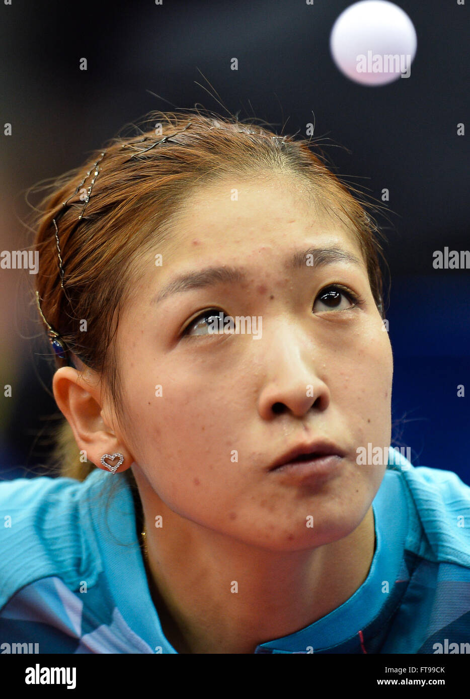 Doha, Qatar. 25th Mar, 2016. Liu Shiwen of China serves during the first round of women's ...