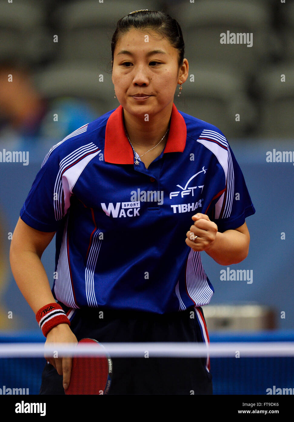 Doha, Qatar. 26th Mar, 2016. Li Xue of France reacts during the second ...