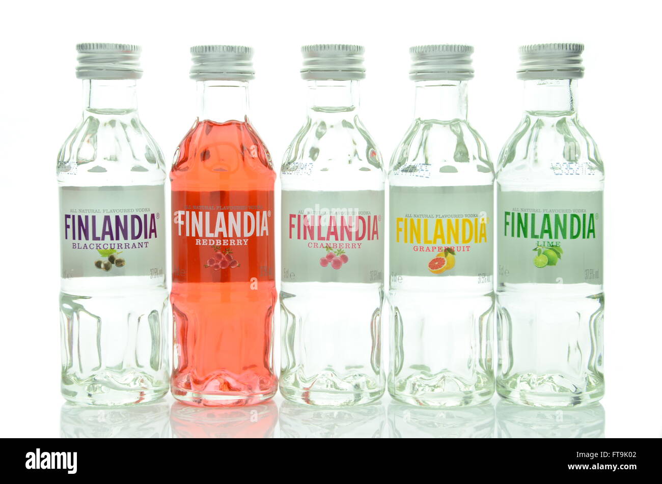 Variety of natural flavoured Finlandia vodka isolated on white ...