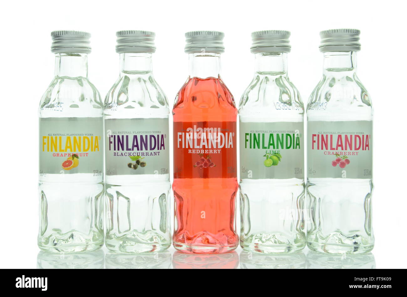 Variety of natural flavoured Finlandia vodka isolated on white ...