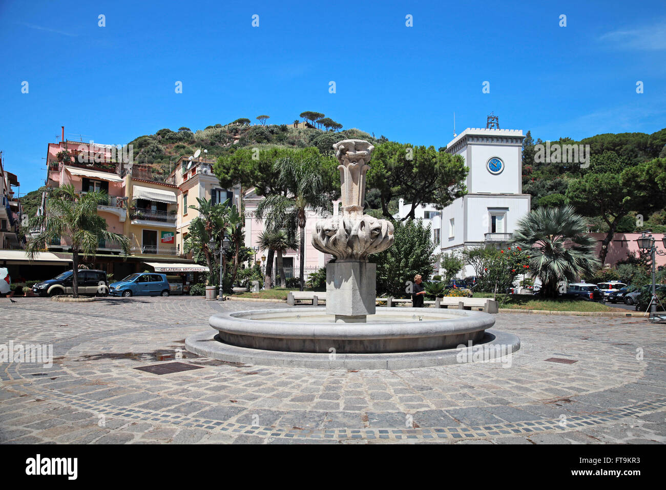 Lacco Ameno, Italy - August 11, 2015: Fountain on the square piazza S ...