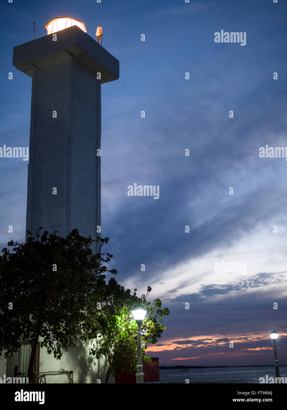 Rio Lagartos lighthouse after sunset. An evening view of the lighthouse ...