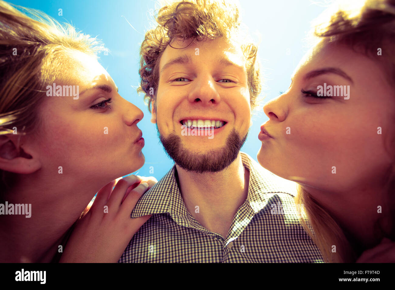 Friendship happiness love concept. Group of friends boy two girls ...