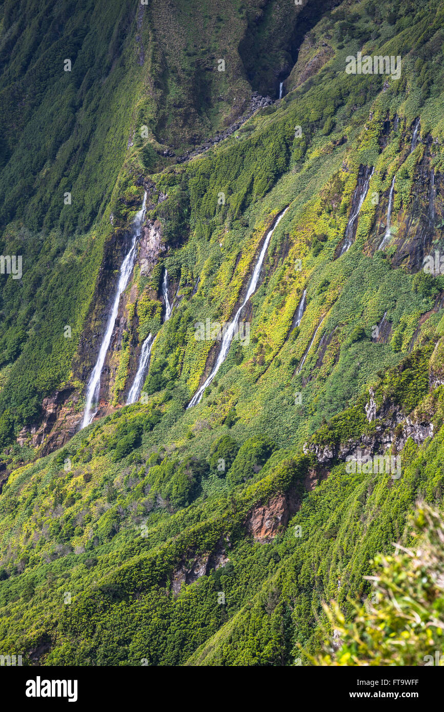 Azores landscape with waterfalls and cliffs in Flores island. Portugal ...