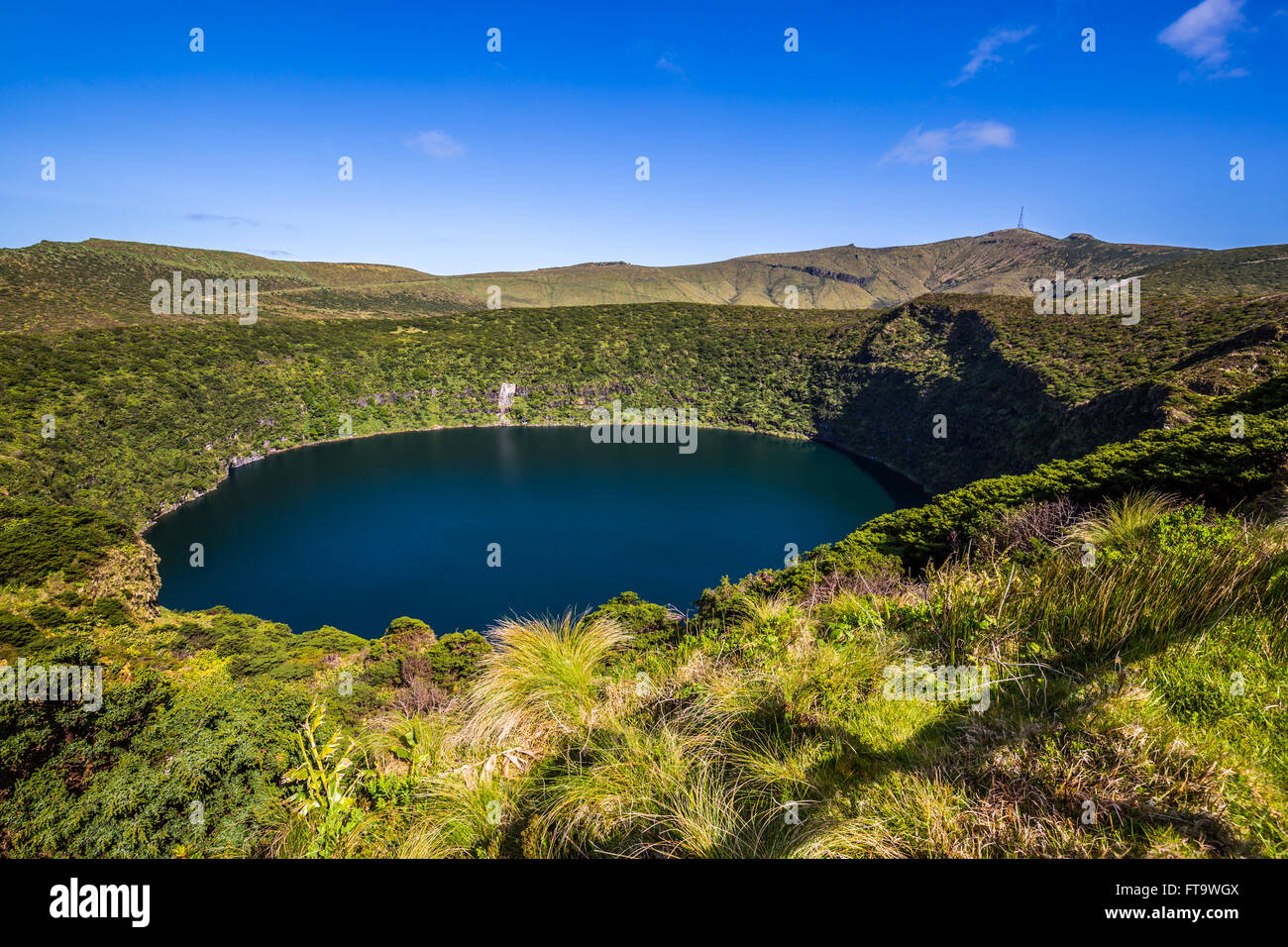 Azores landscape with lakes in Flores island. Caldeira Comprida Funda ...