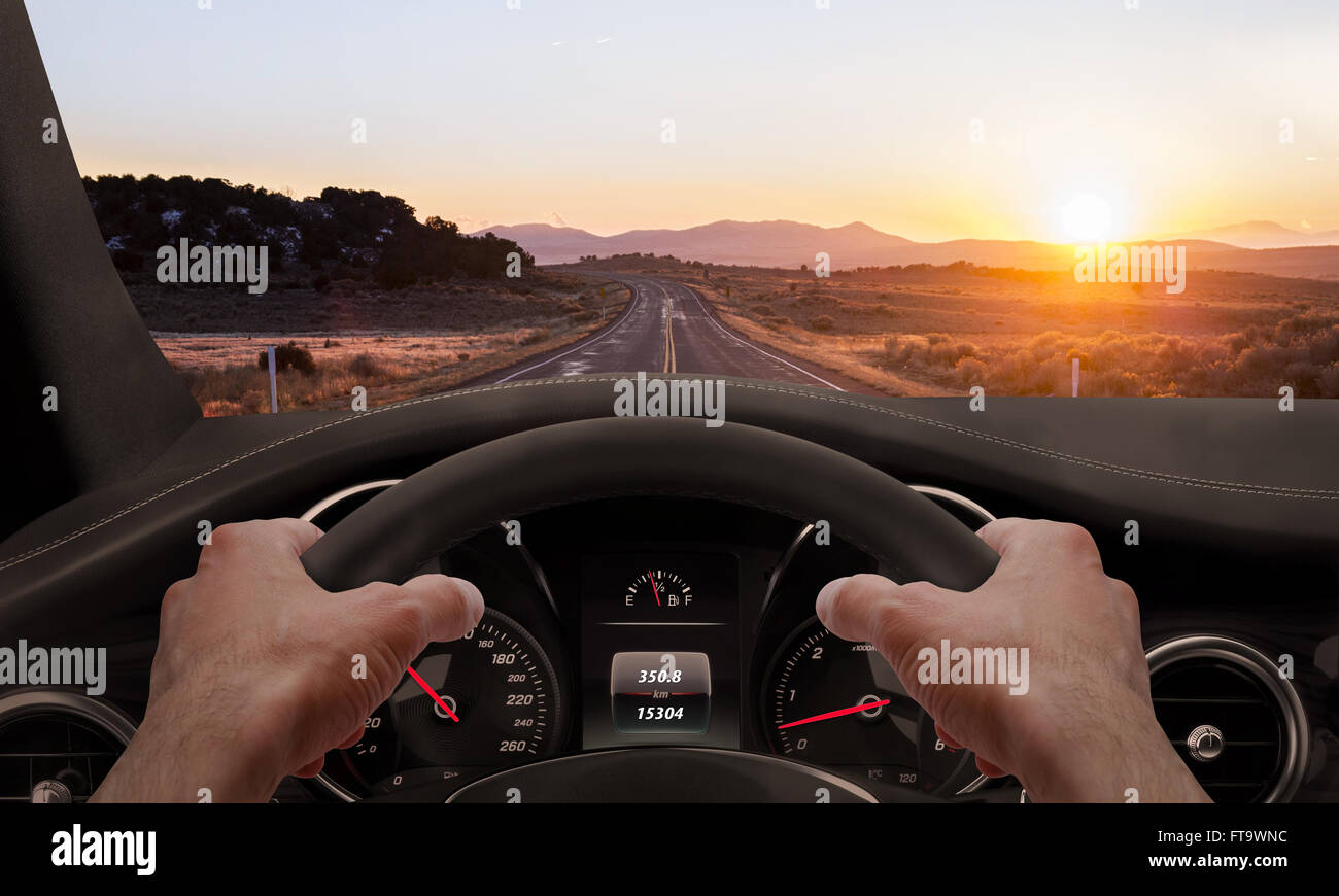 Car Driving Into Sunset