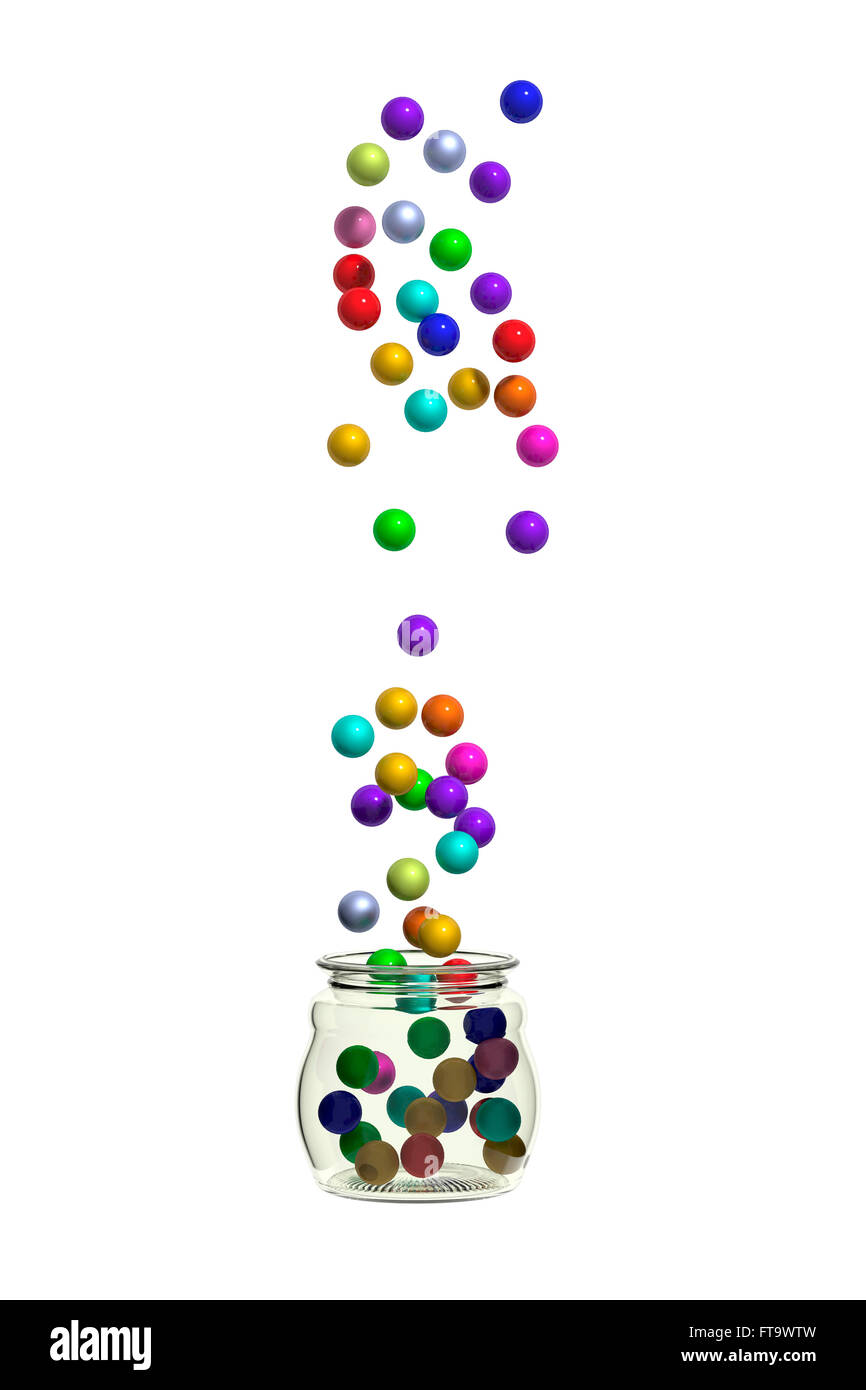 3d rendering of small balls of different colors falling into glass jar ...