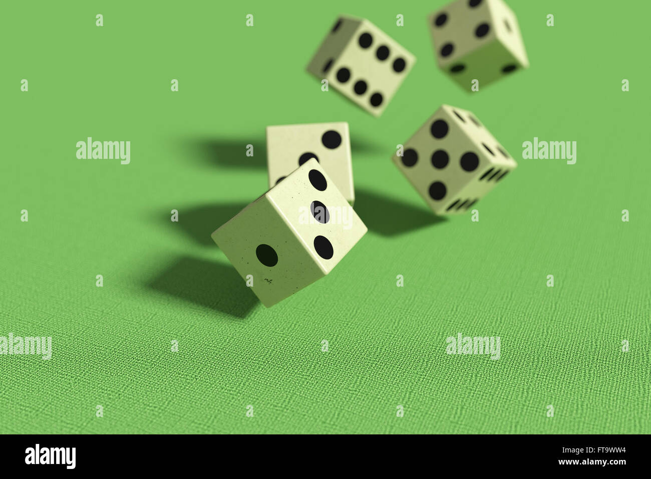 3d rendering of close-up of 3d dice falling down on green surface Stock ...