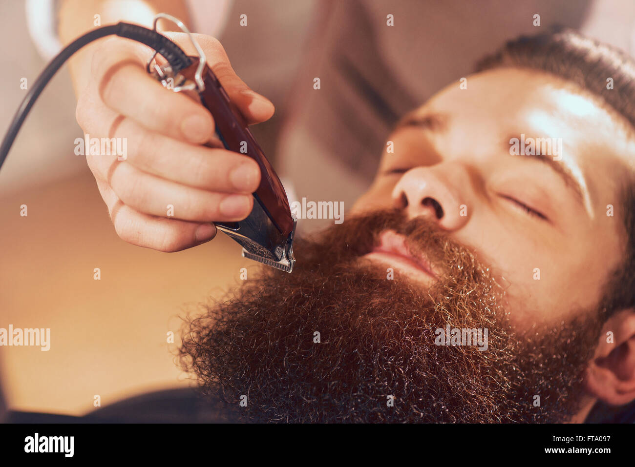Professional barber cutting beard of pleasant man Stock Photo - Alamy