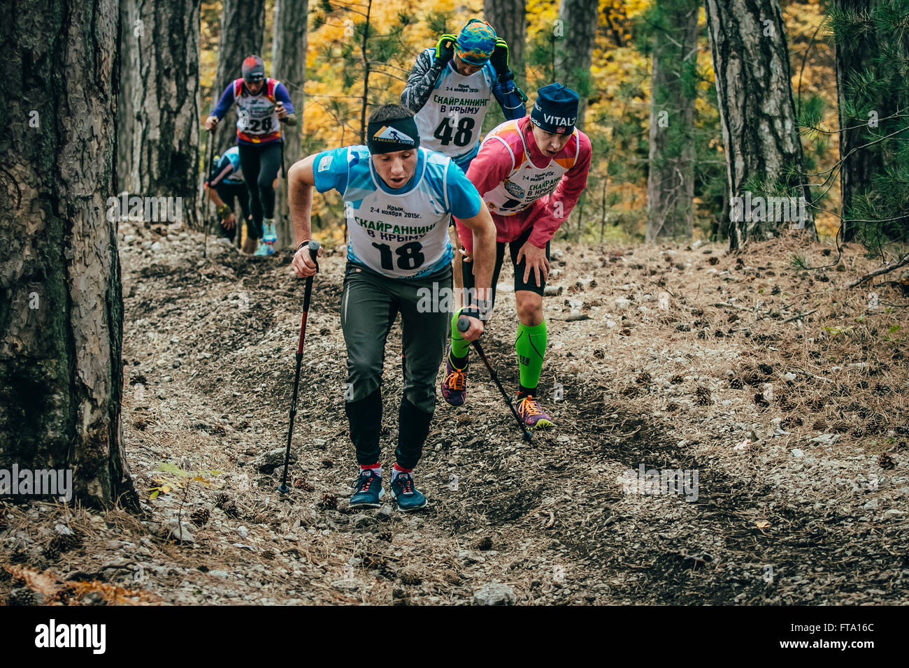 group of athletes runners uphill side in woods during Mountain marathon ...