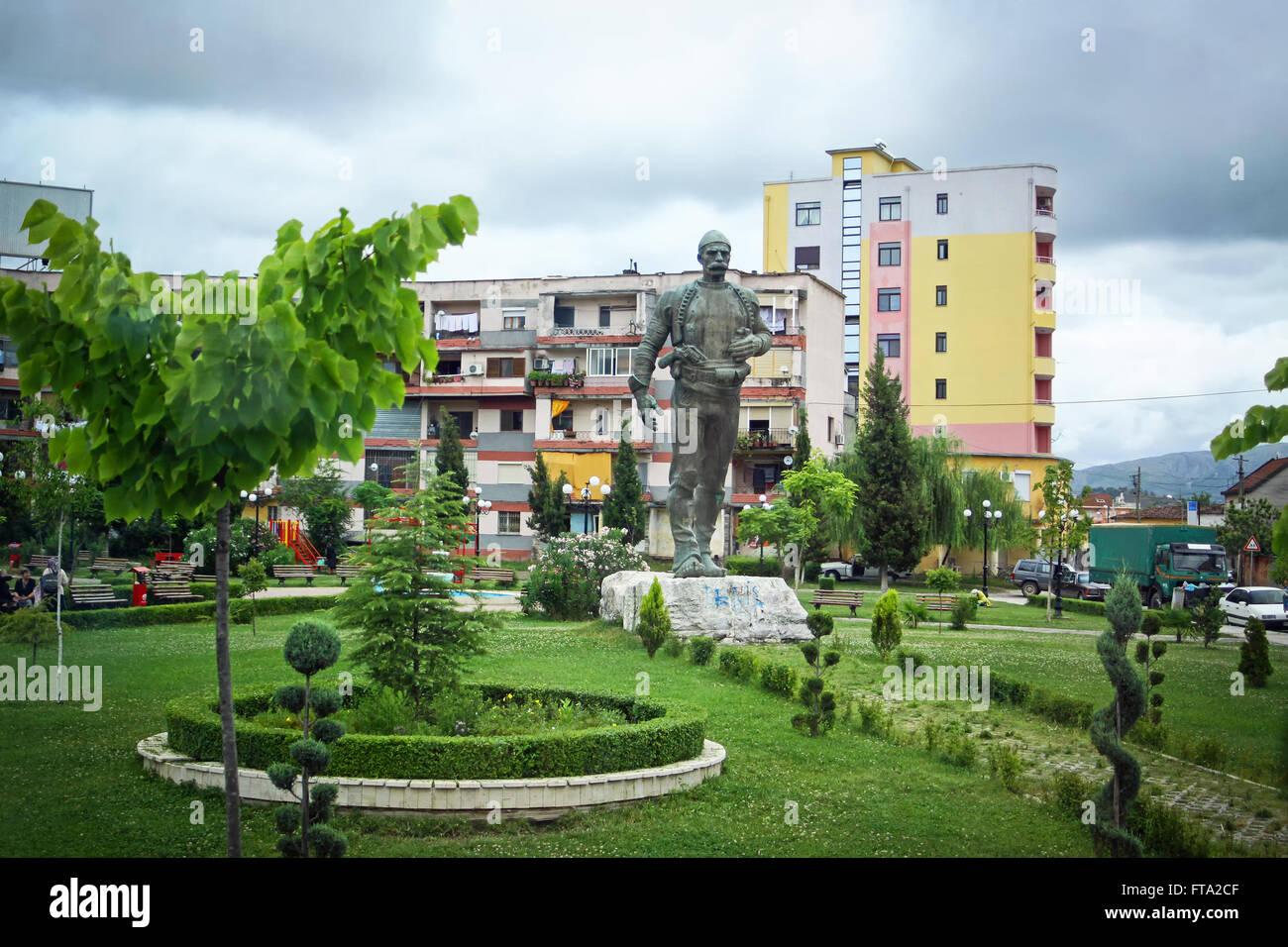 Shkoder city, Albania. Small park in the center of the city with ...