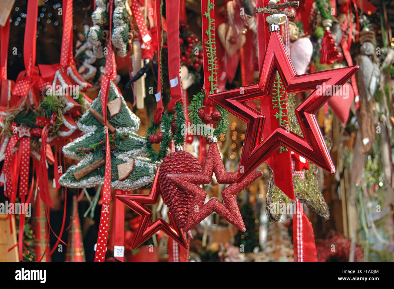 Hanging Christmas decorations at the market with copy space Stock Photo ...