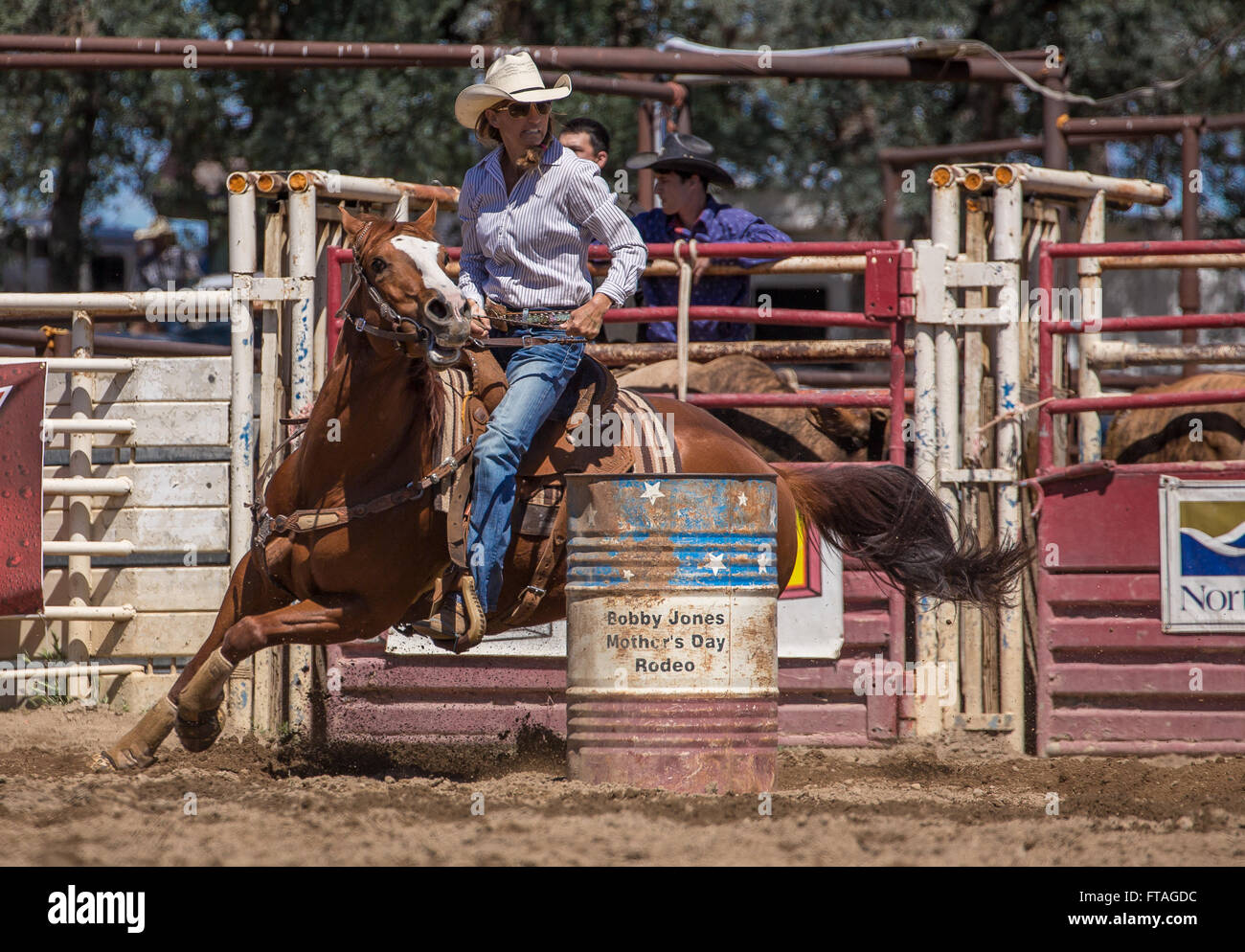 Barrel racing action at a rodeo in Cottonwood, California Stock Photo ...