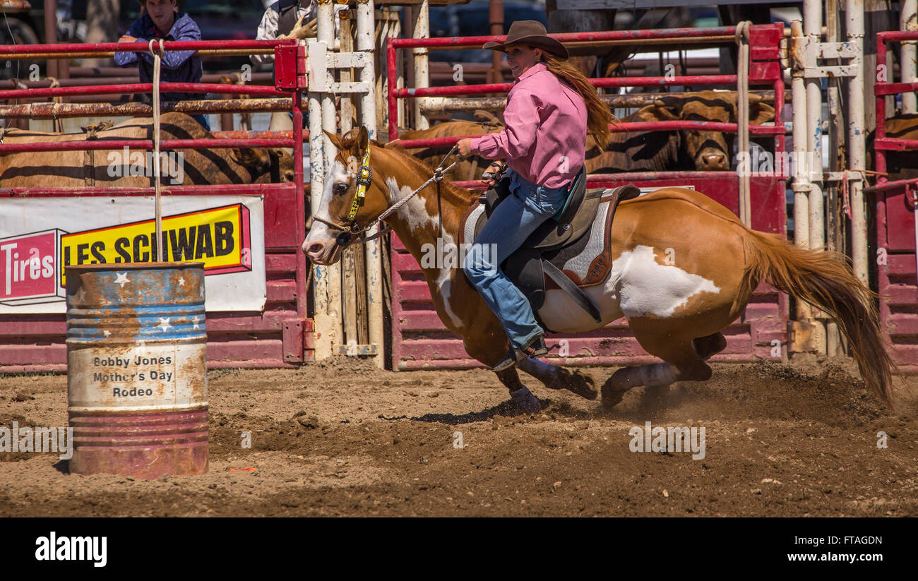 Barrel racing action at a rodeo in Cottonwood, California Stock Photo ...