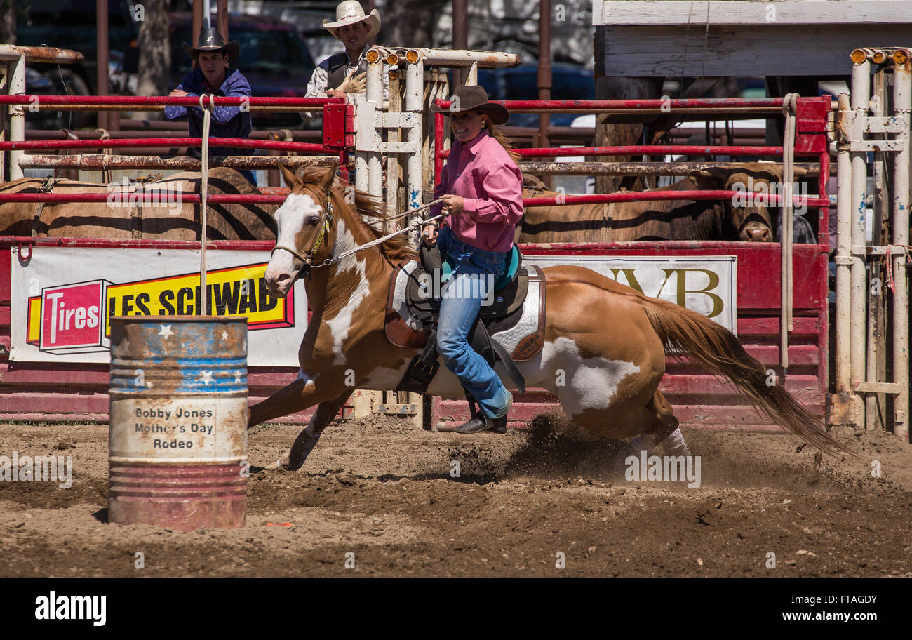Barrel racing action at a rodeo in Cottonwood, California Stock Photo ...