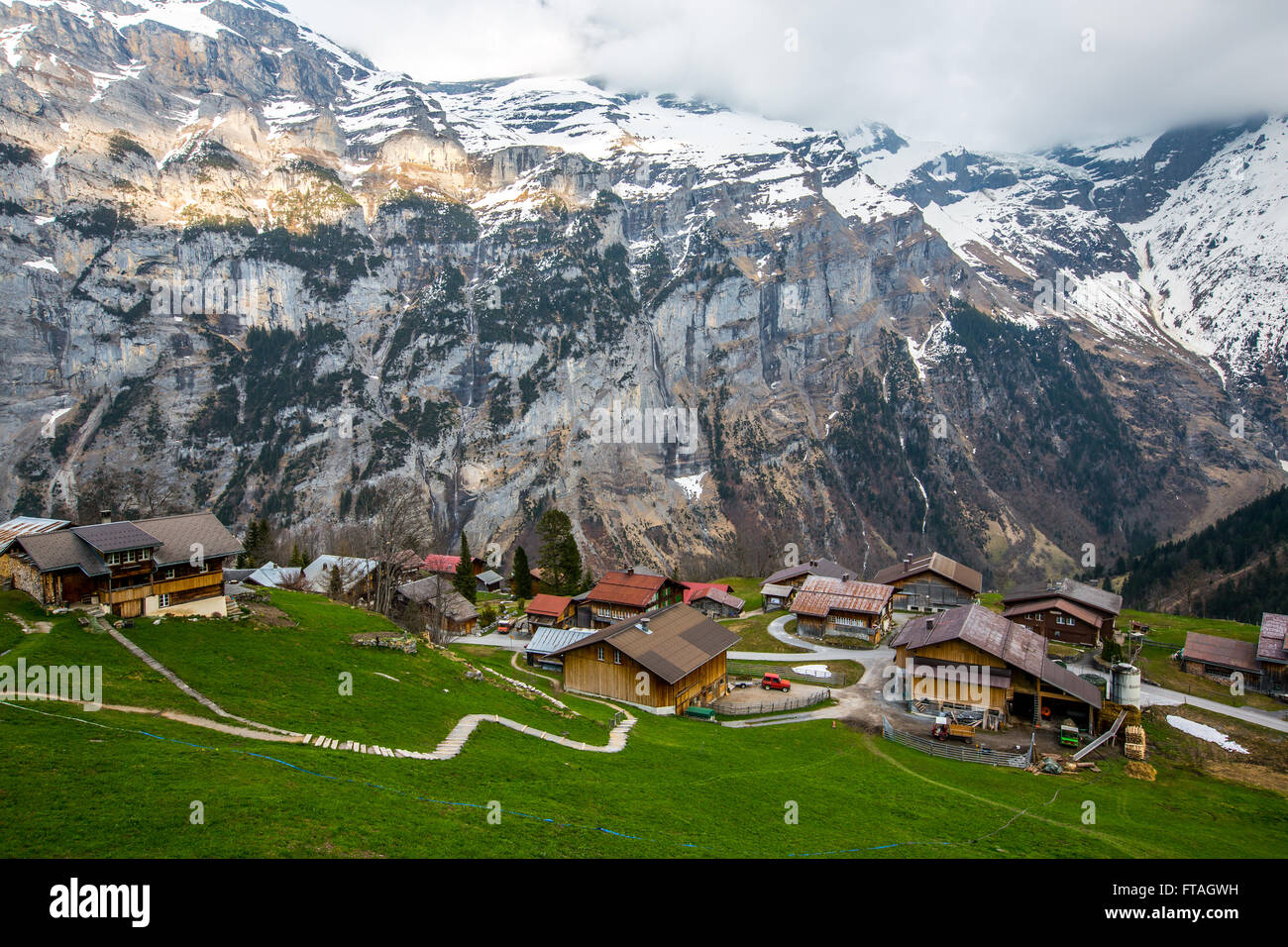 MURREN, SWITZERLAND - APRIL 20: Village among valley on April 20, 2015 ...