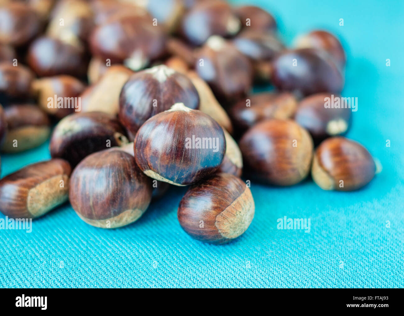Pile of fresh chestnuts on a light blue background Stock Photo - Alamy