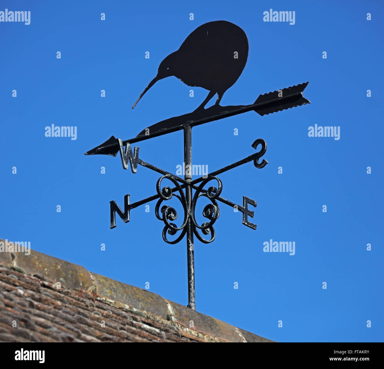 A large weather vane atop a garage in a small village with a large bird ...