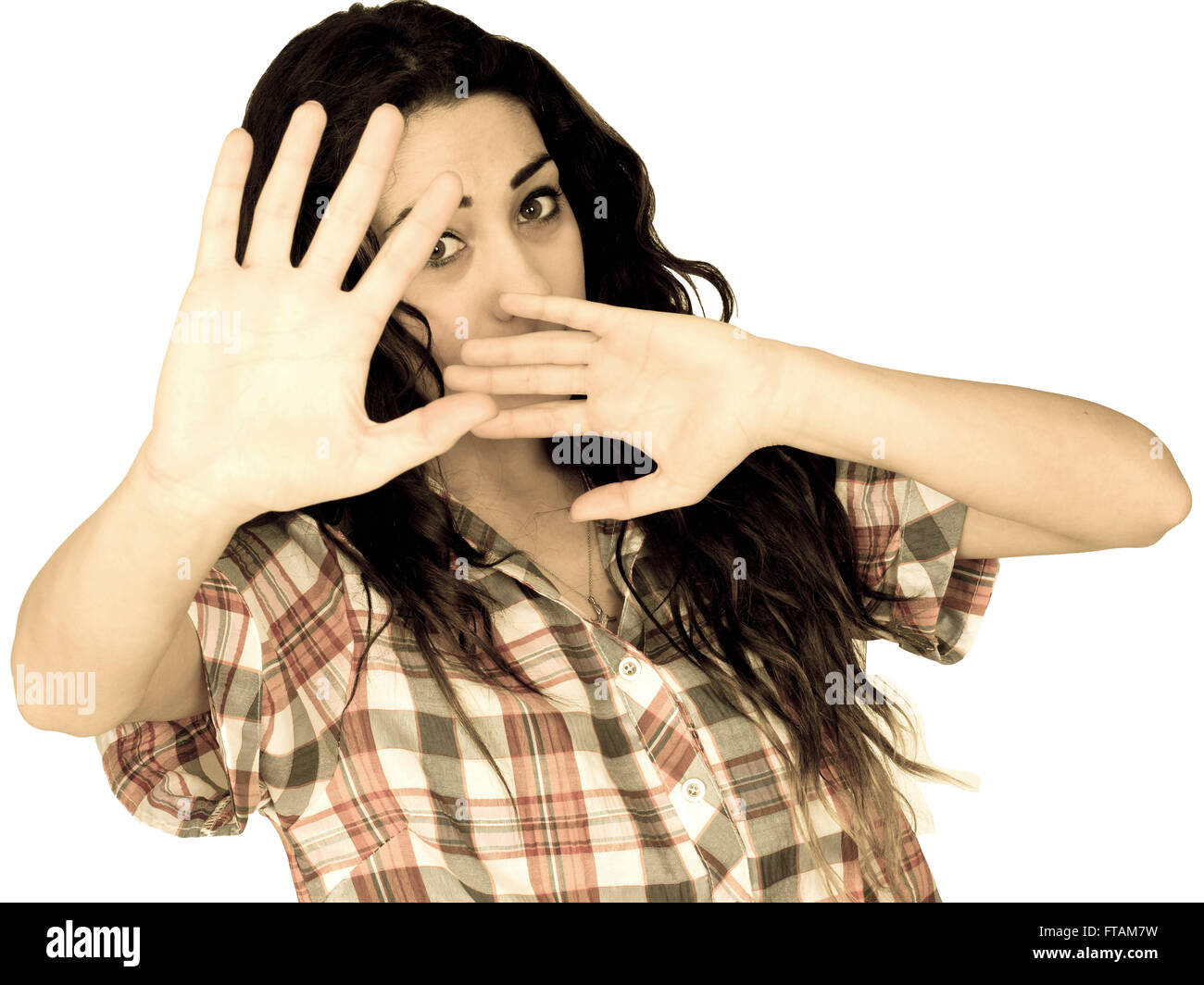 Scared Frightened Young Woman With Her Hands Raised Shot in Vintage ...