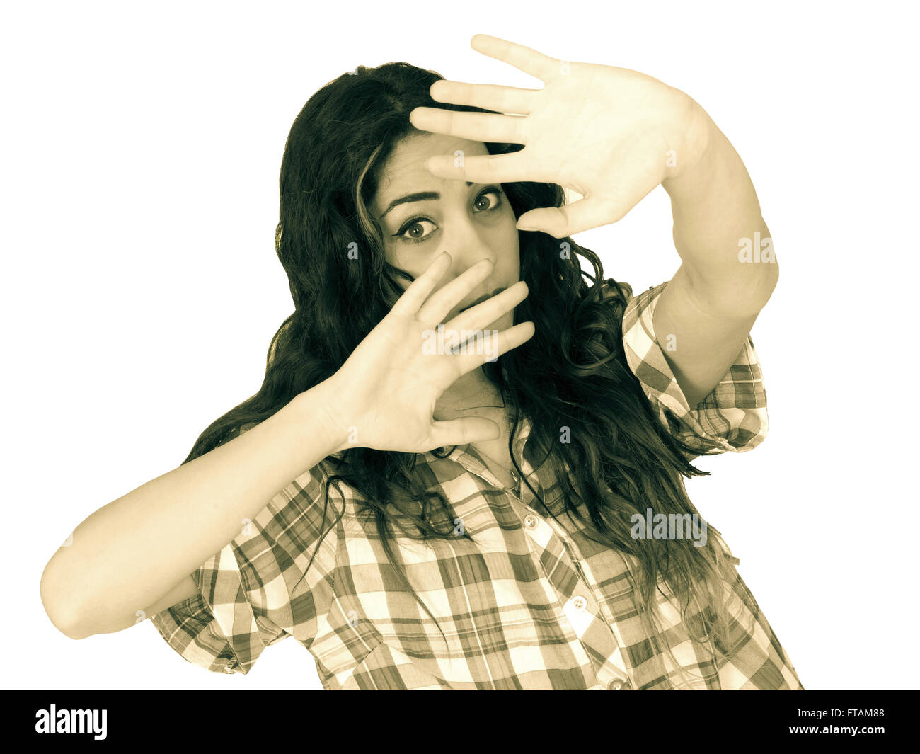 Scared Frightened Young Woman With Her Hands Raised Shot in Vintage ...