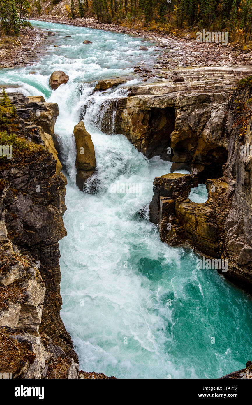 The impressive Sunwapta Falls in Jasper National Park in the beautiful ...