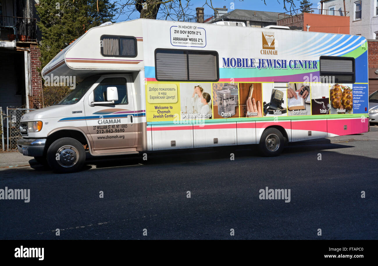 A mobile charity and Jewish Center parked on Brooklyn Avenue in Crown ...