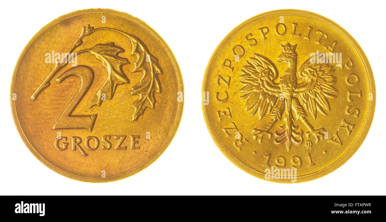 Bronze 2 grosze 1991 coin isolated on white background, Poland Stock ...
