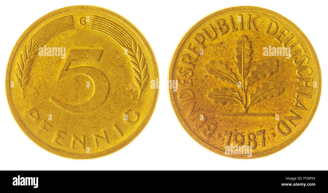 Bronze 5 pfennig 1987 coin isolated on white background, West Germany ...