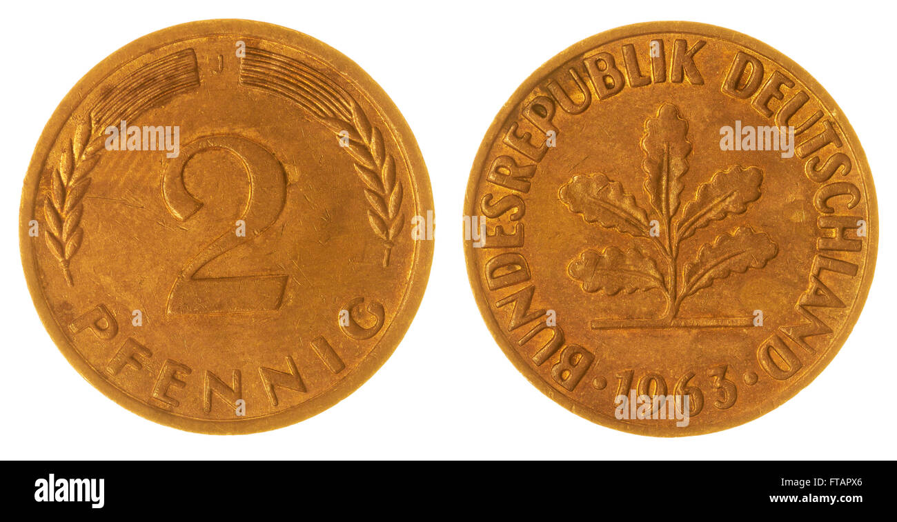 Bronze 2 pfennig 1963 coin isolated on white background, West Germany ...