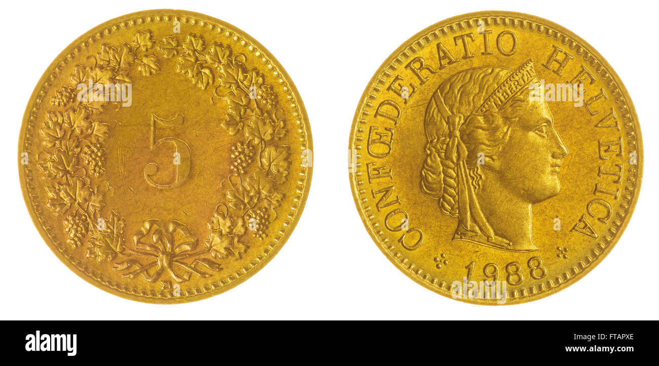 Bronze 5 rappen 1988 coin isolated on white background, Switzerland ...