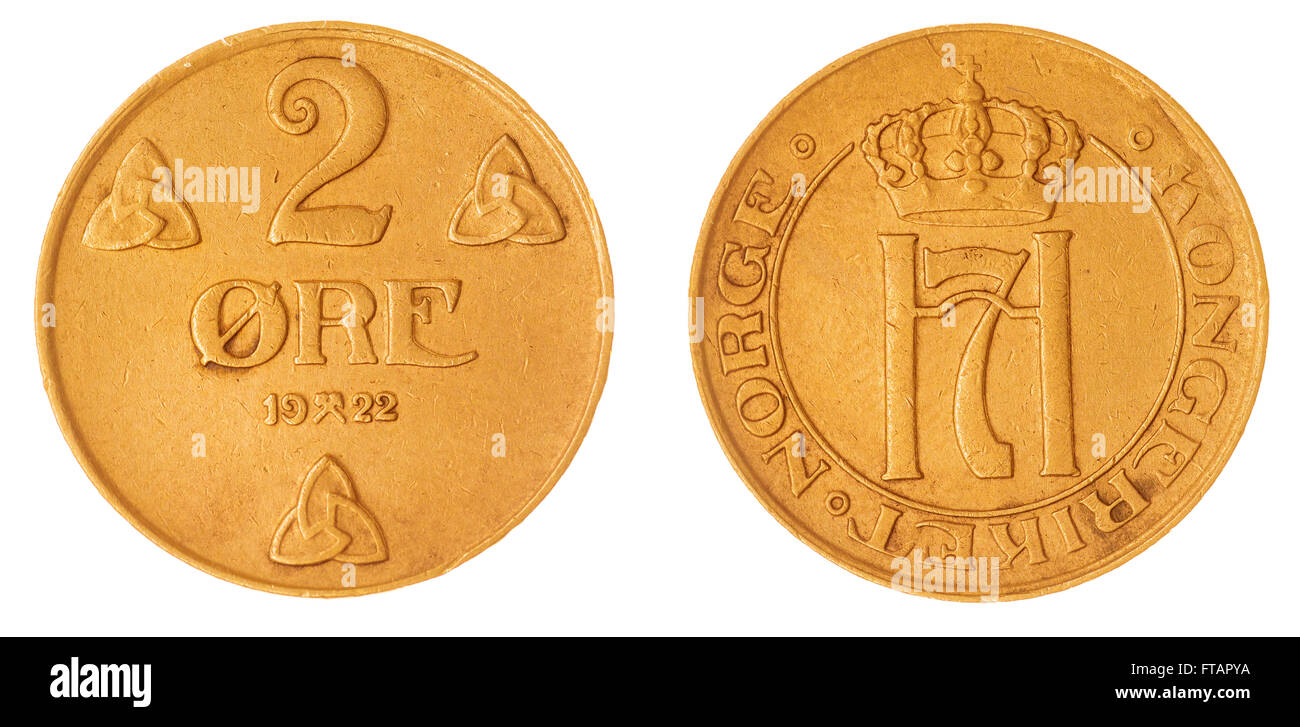Bronze 2 ore 1922 coin isolated on white background, Norway Stock Photo ...