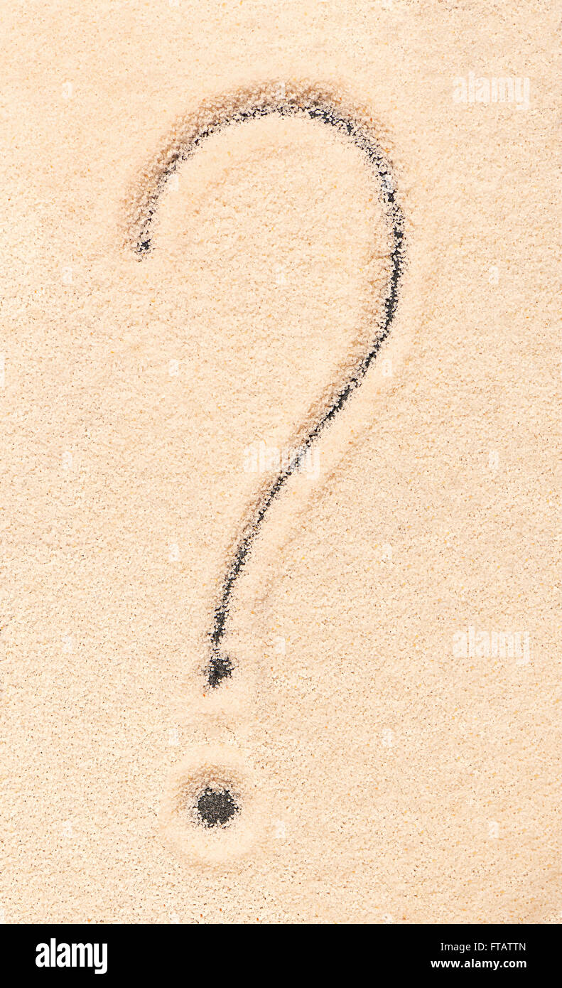 Question mark symbol written on sand. Summer beach background Stock ...