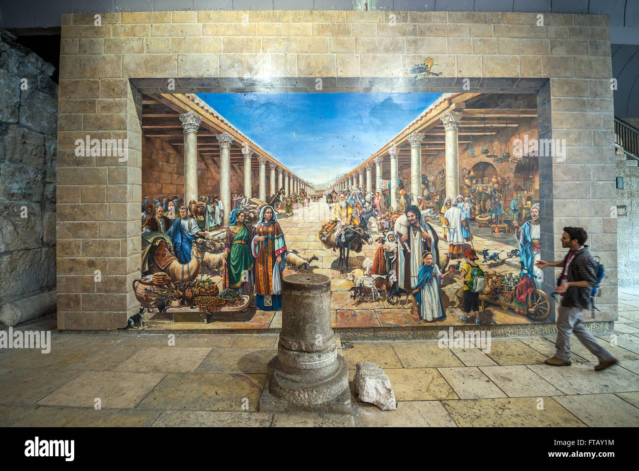 Mural showing ancient Jerusalem and Byzantine column at Cardo Street in ...