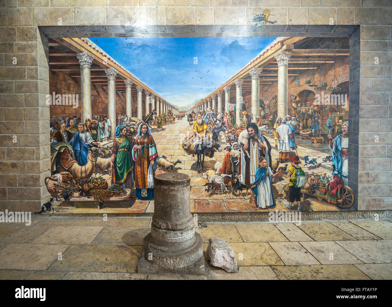 Mural showing ancient Jerusalem and Byzantine column at Cardo Street in ...