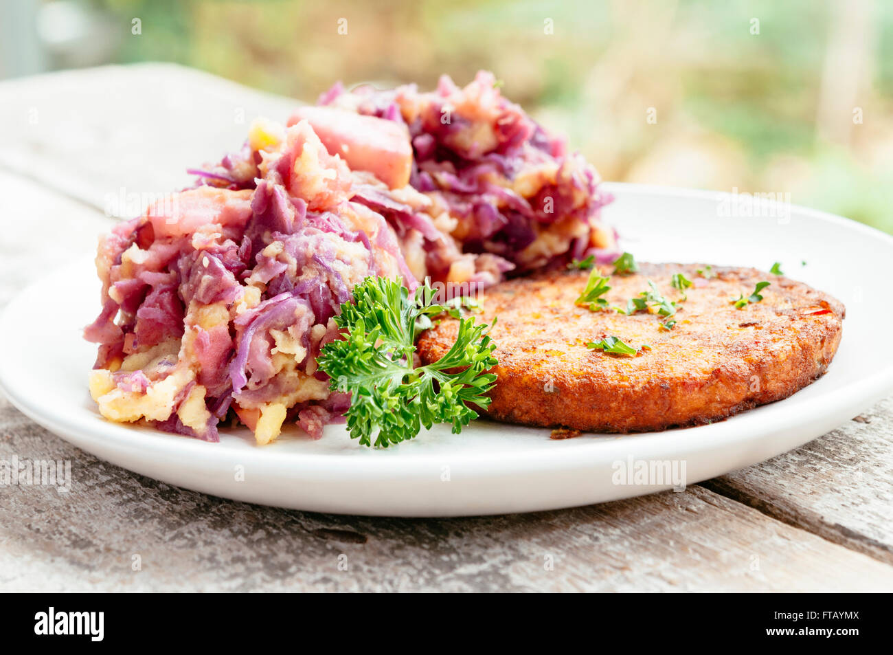 Traditional Dutch red cabbage stamppot (mash pot) with a vegan burger ...