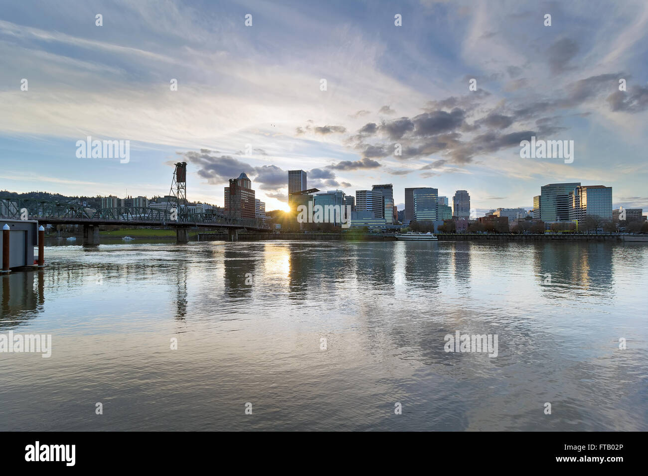 Sunset over the City of Portland Oregon downtown waterfront by ...