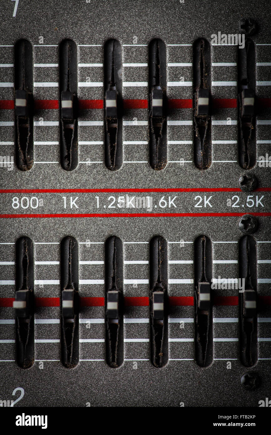 Color image of many buttons on a sound mixer in a recording studio ...