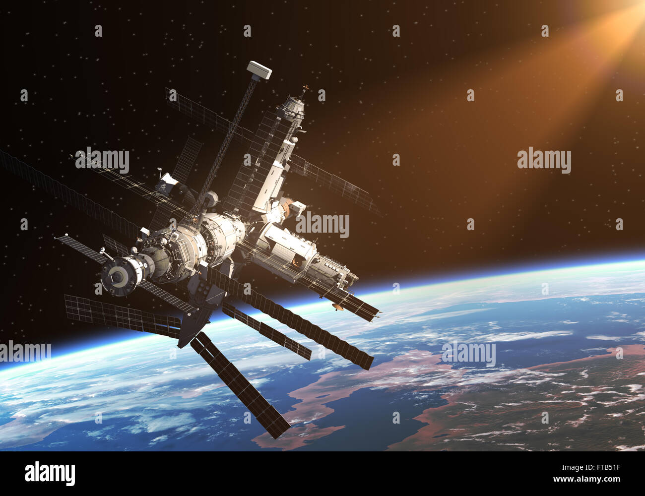 Space Station In The Rays Of The Sun. 3D Scene Stock Photo - Alamy