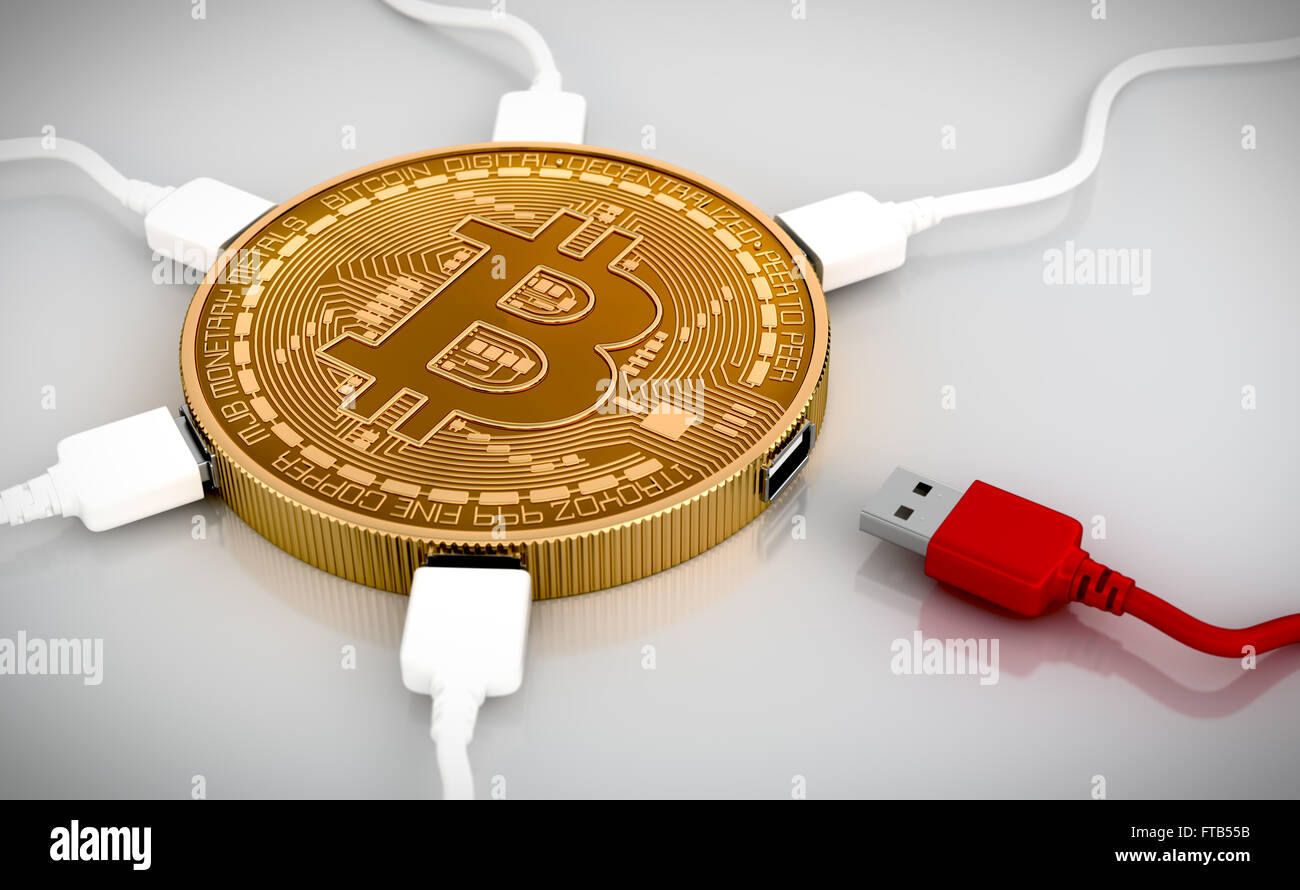 Red And White USB Wires Connected To The Bitcoin. 3D Scene Stock Photo ...