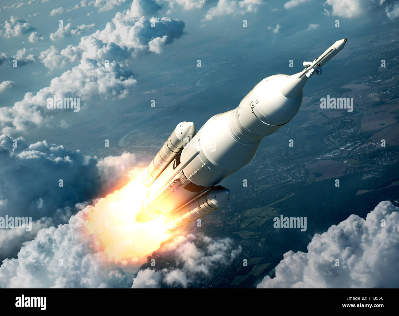 Space Launch System Flying Over The Clouds. 3D Scene Stock Photo - Alamy