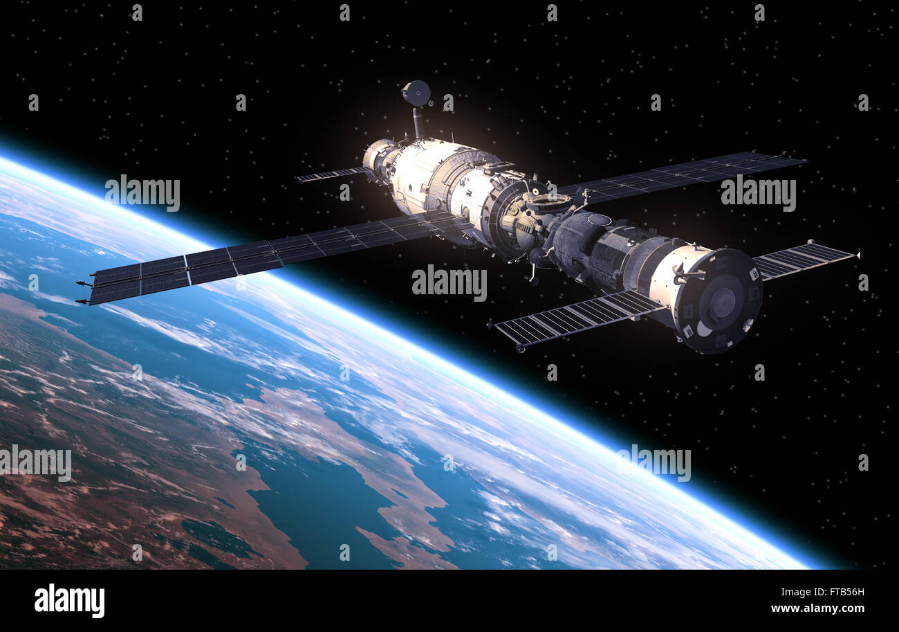 Space Station In Space. Realistic 3D Scene Stock Photo - Alamy