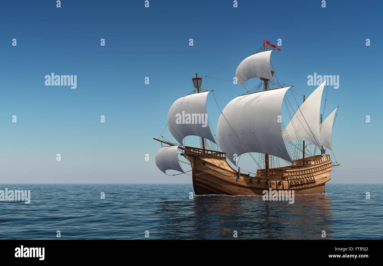 Caravel In The Blue Sea Stock Photo - Alamy