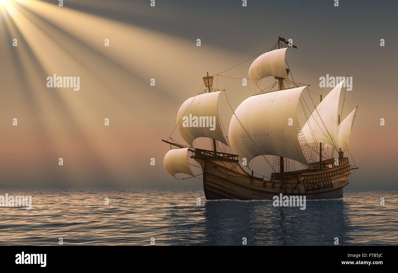 Caravel In Rays Of the Sun Stock Photo - Alamy