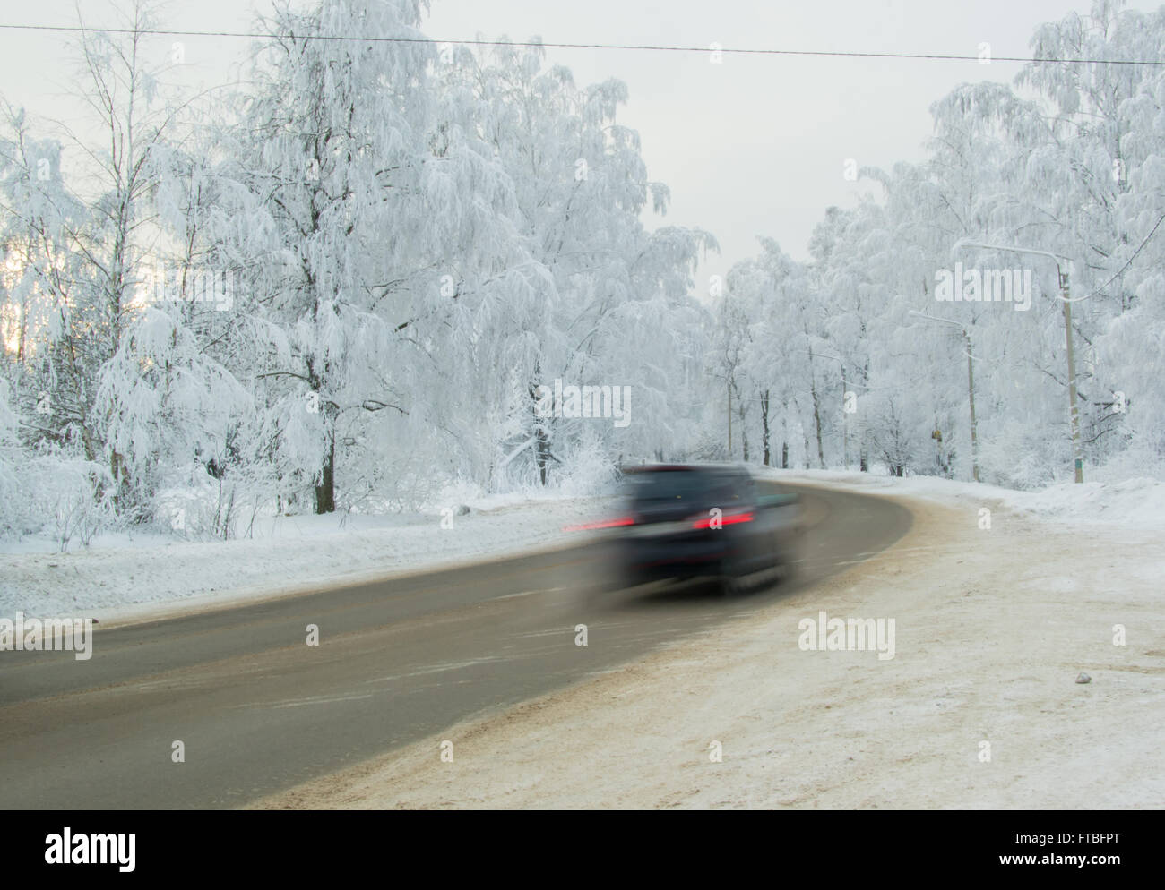 winter road snow landscape white driving car blue Stock Photo - Alamy