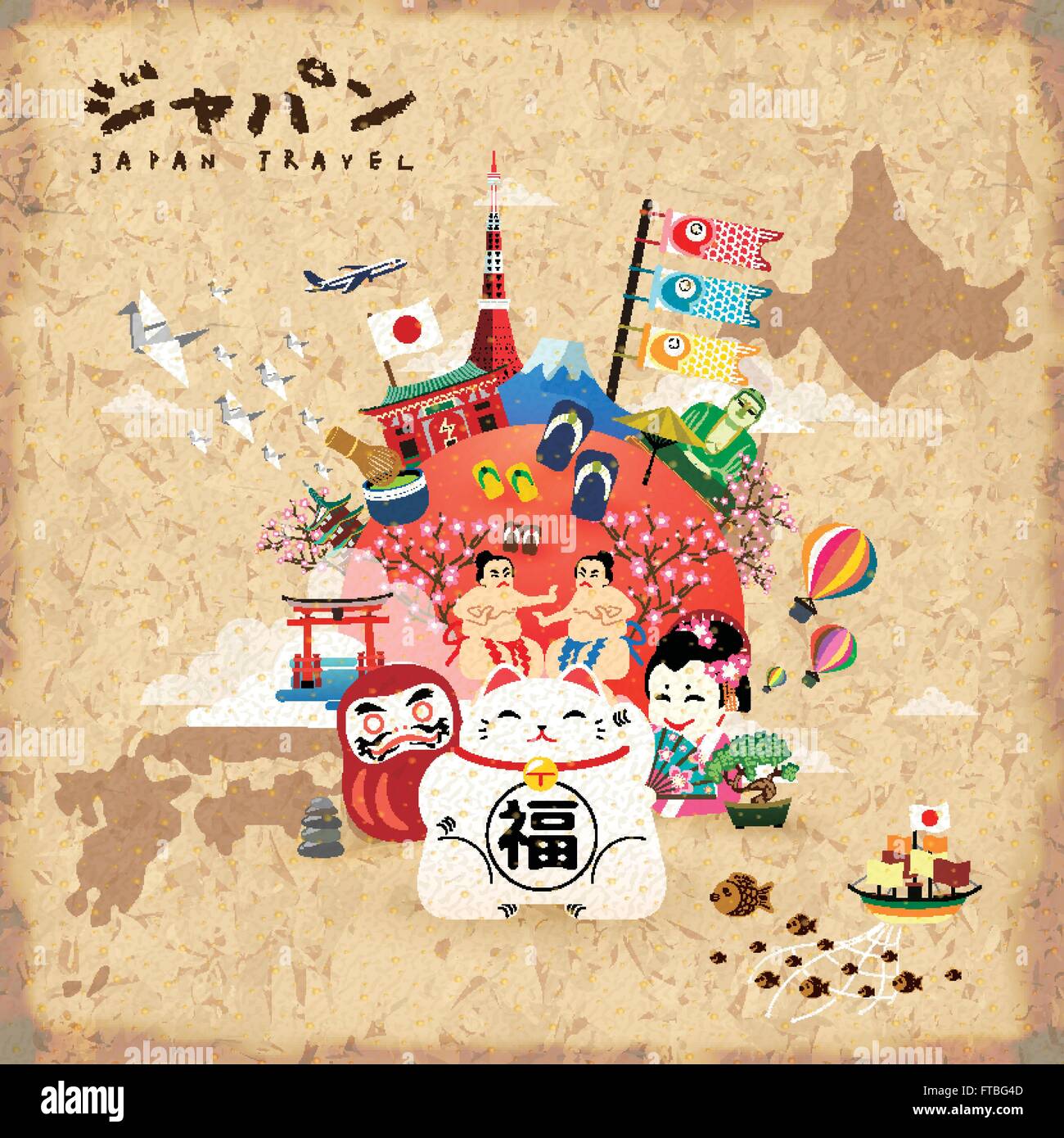Japan travel poster with famous attractions - Japan in Japanese Stock ...