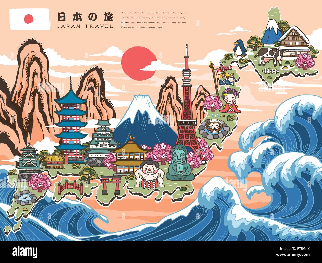 lovely Japan travel map with big tide and mountain - Japan travel in ...