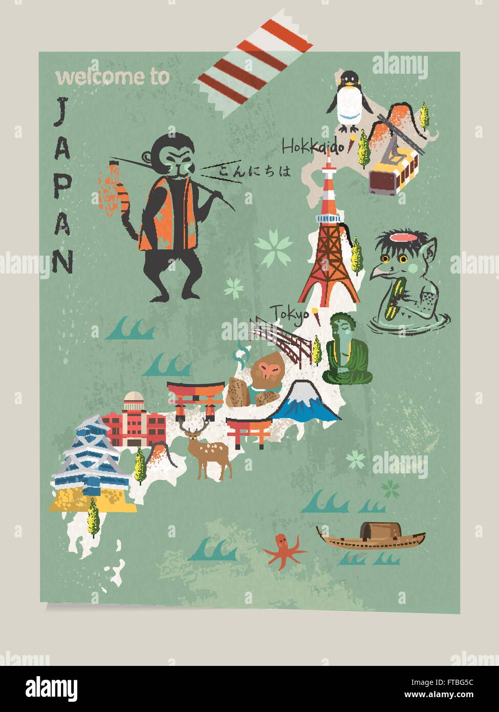 Japan travel map with famous attractions and animals Stock Vector Image ...