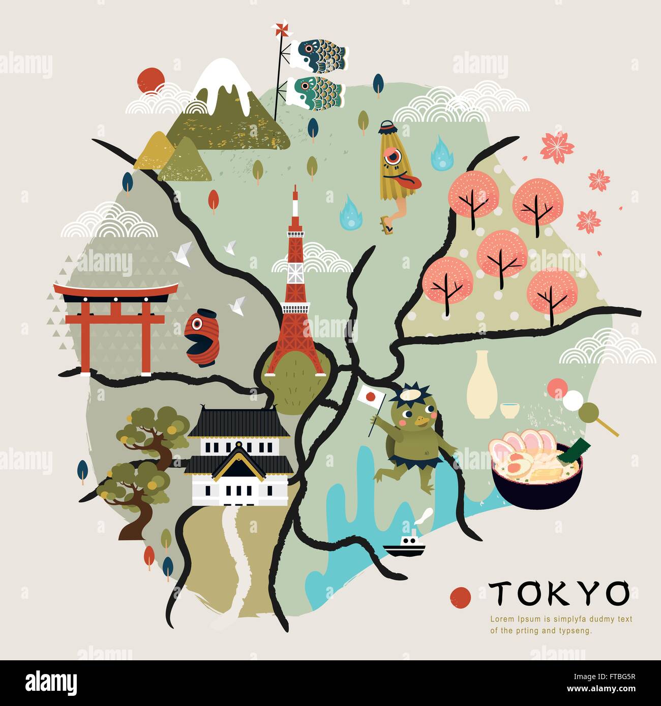 lovely Japan walking map with famous attractions and folklore creatures ...