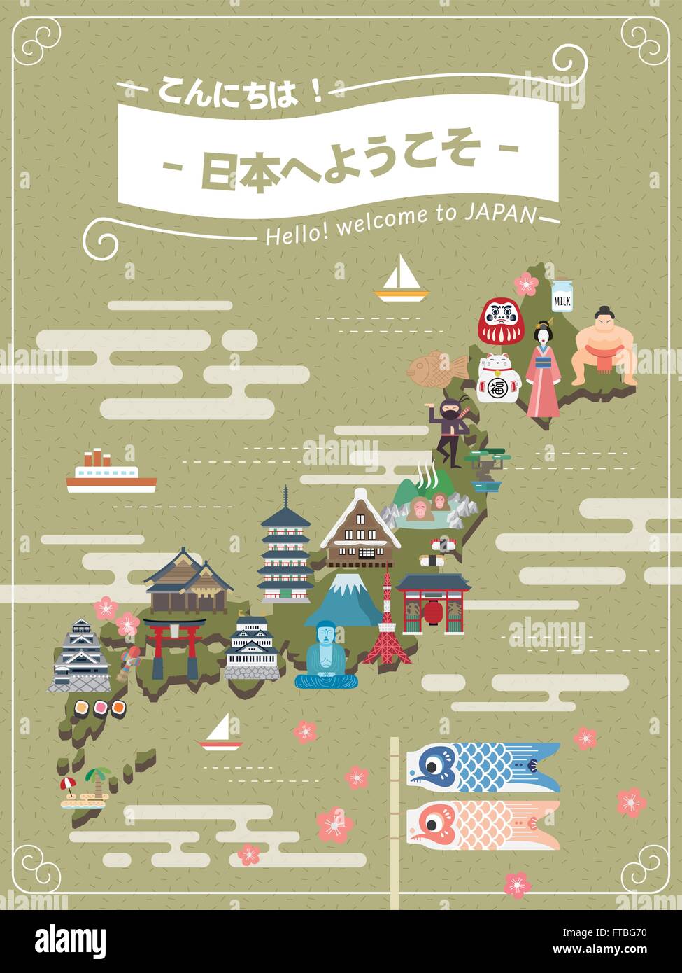 elegant Japan travel map - Hello welcome to Japan in Japanese Stock ...